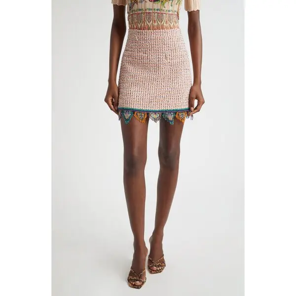 Etro Beaded Fringe Tweed Miniskirt - Multicolor Orange Base