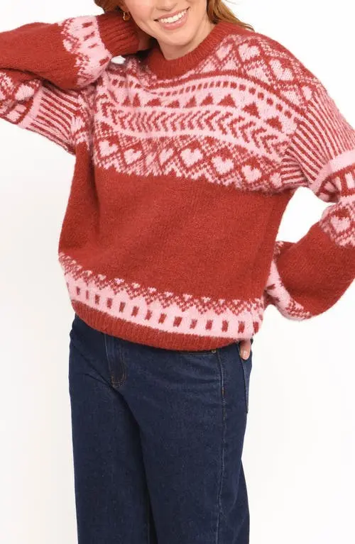 PETAL & PUP Zinnia Fair Isle Crewneck Sweater - Red