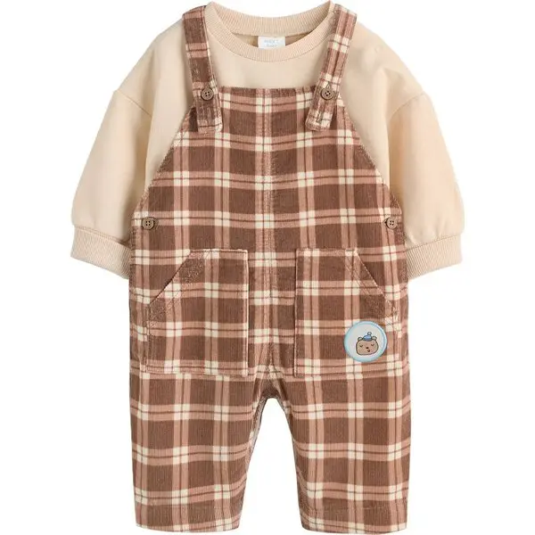 NEXT Check Cotton Sweatshirt Bodysuit & Overalls Set
