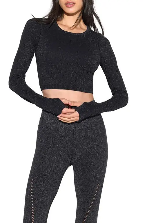 Spiritual Gangster Liberty Shimmer Long Sleeve Crop Top - Black