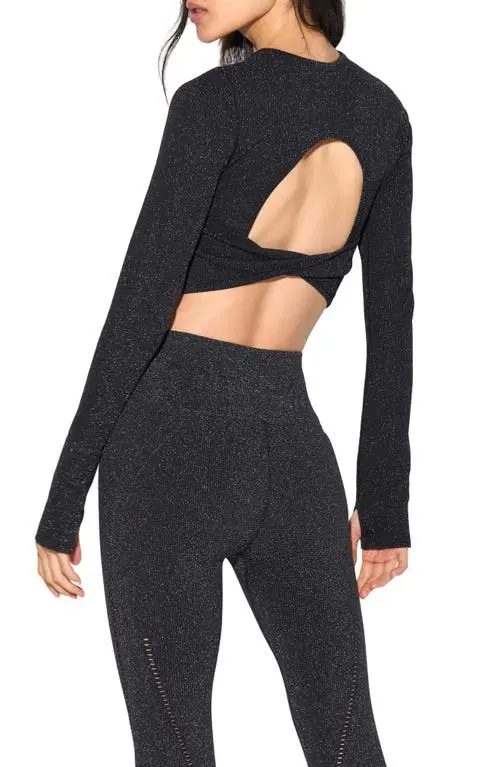 Spiritual Gangster Liberty Shimmer Long Sleeve Crop Top - Black