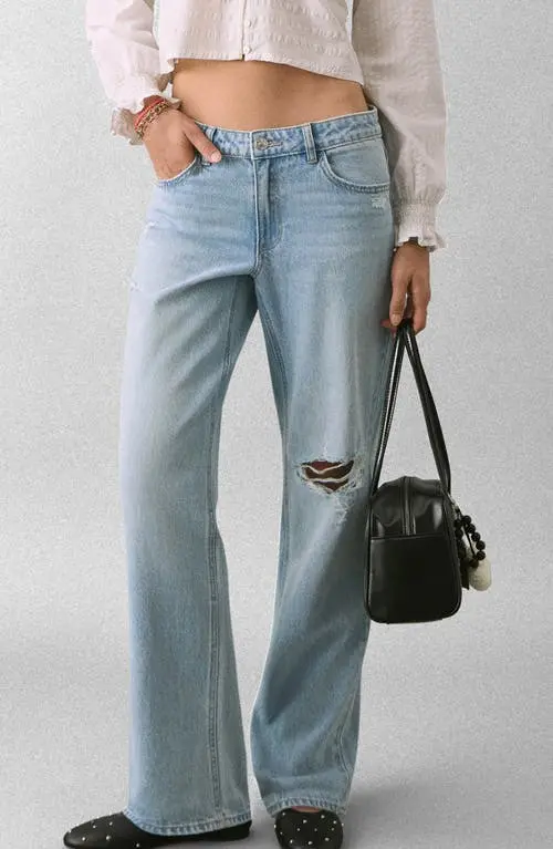 Mango Ripped Low Rise Straight Leg Jeans - Light Blue
