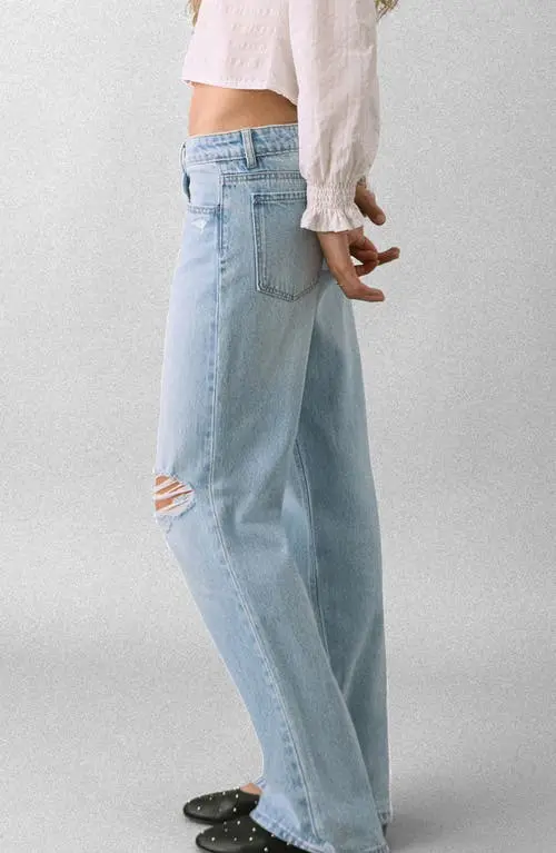 Mango Ripped Low Rise Straight Leg Jeans - Light Blue