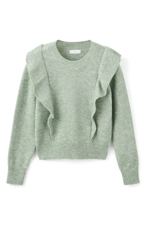 Mango Ruffle Trimmed Cropped Pullover Sweater - Green