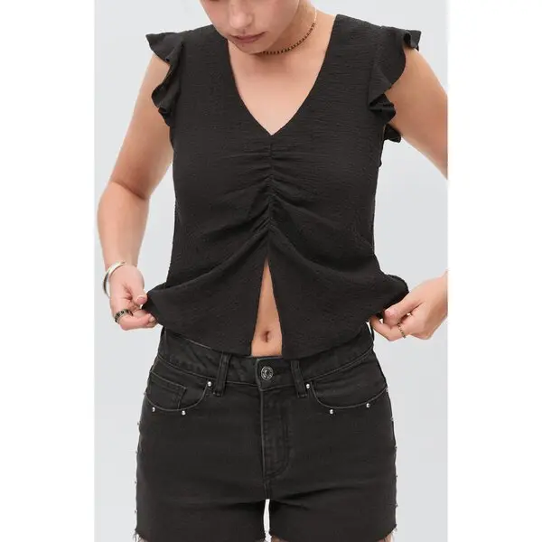 Mango Front Slit Ruffle Sleeve Shirt - Black