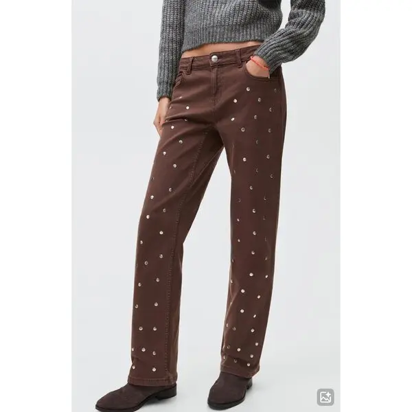 Mango Studded Low Rise Straight Leg Jeans - Chocolate