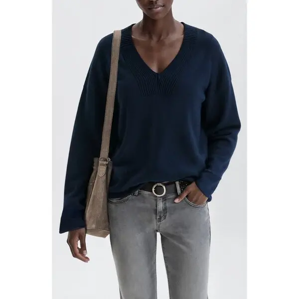 Mango Relaxed Fit V-neck Cotton Sweater - Navy