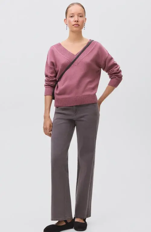 Mango Wide V-neck Cotton Sweater - Cherry