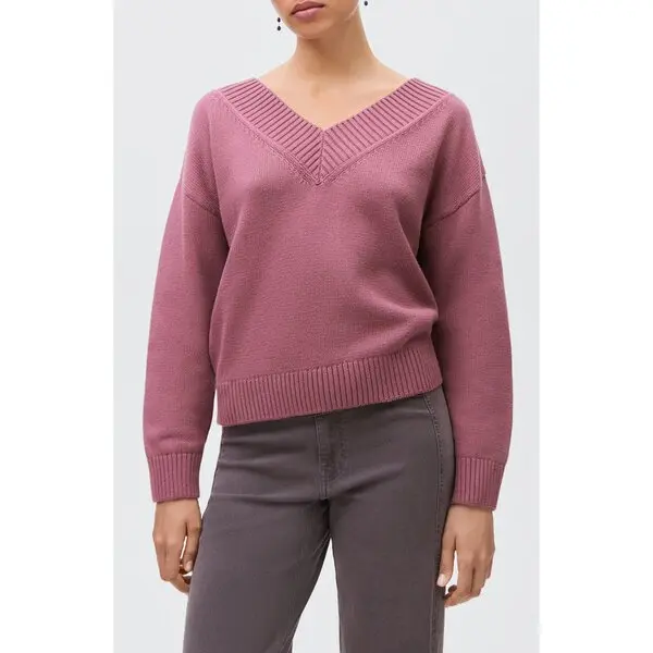Mango Wide V-neck Cotton Sweater - Cherry