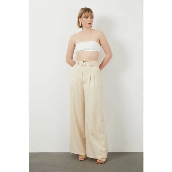 GIZIA Belted Wide-leg Striped Tailored Pants - Beige