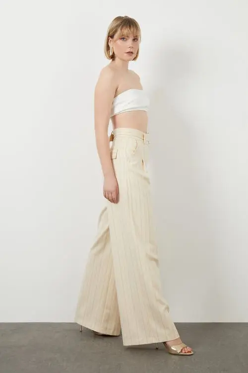 GIZIA Belted Wide-leg Striped Tailored Pants