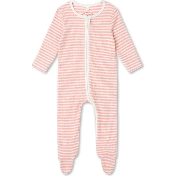 MORI Ribbed Stripe Two-way Zip-up Sleepsuit - Pink Stripe