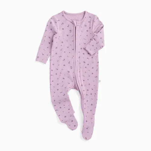 MORI Ribbed Stripe Two-way Zip-up Sleepsuit - Lilac Floral