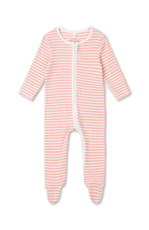 MORI Ribbed Stripe Two-way Zip-up Sleepsuit - Pink Stripe