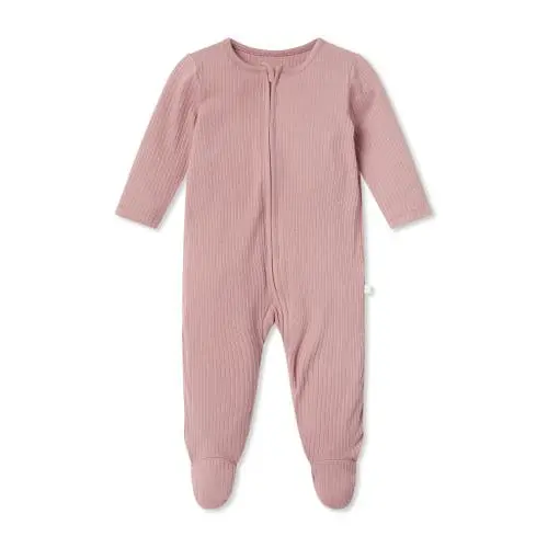 MORI Ribbed Stripe Two-way Zip-up Sleepsuit - Rose