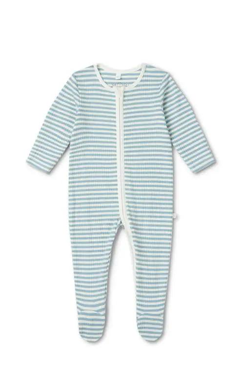 MORI Ribbed Stripe Two-way Zip-up Sleepsuit - Sea Stripe
