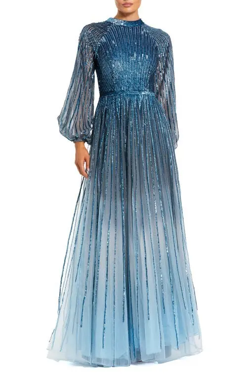 Mac Duggal Sequined Ombre Bishop Sleeve A-line Gown - Slate Blue