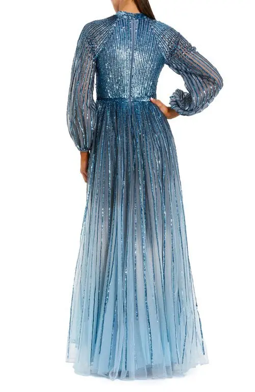 Mac Duggal Sequined Ombre Bishop Sleeve A-line Gown