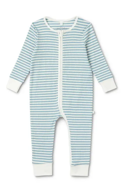 MORI Ribbed Stripe Two-way Zip-up Sleepsuit - Sea Stripe
