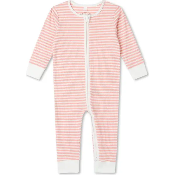MORI Ribbed Stripe Two-way Zip-up Sleepsuit - Pink Stripe