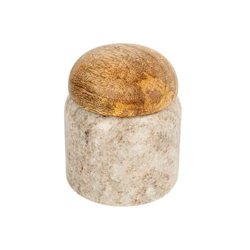 STORIED HOME Unique Marble And Mango Wood Pinch Pot Canister With Lid - Natural