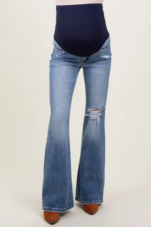 PINKBLUSH Distressed Knee Flare Maternity Jeans