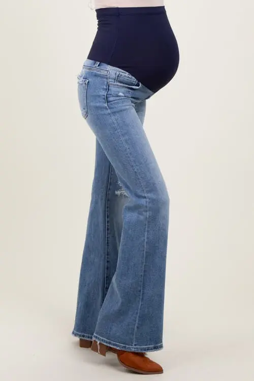 PINKBLUSH Distressed Knee Flare Maternity Jeans