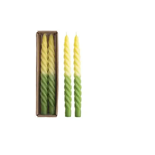 STORIED HOME 2-piece Unscented Twisted Taper Candles, Ombre And Green Color - Yellow