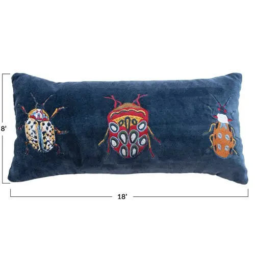 STORIED HOME Cotton Velvet Embroidered Lumbar Pillow With Beetles And Chambray Back