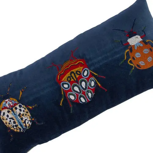 STORIED HOME Cotton Velvet Embroidered Lumbar Pillow With Beetles And Chambray Back
