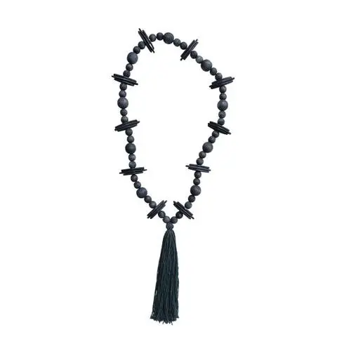 STORIED HOME Oak Wood Bead Garland With Cotton Tassel - Black