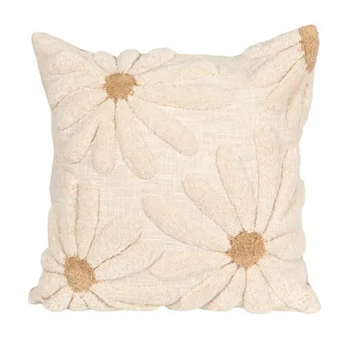 STORIED HOME Cotton Slub Pillow With Tufted Flowers - Yellow