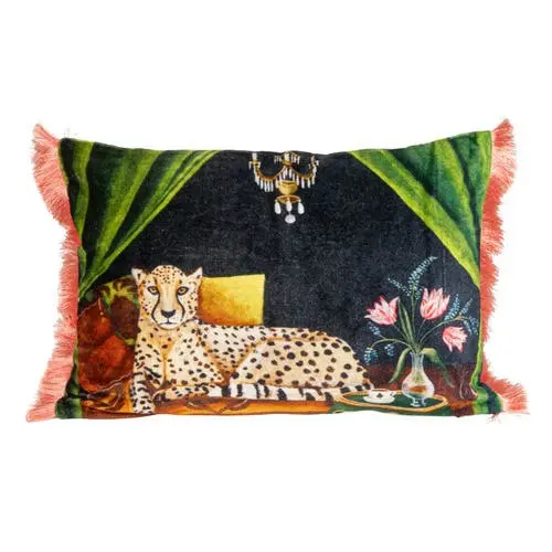 STORIED HOME Cotton Blend Velvet Printed Lumbar Pillow With Cheetah Image And Eyelash Fringe - Green