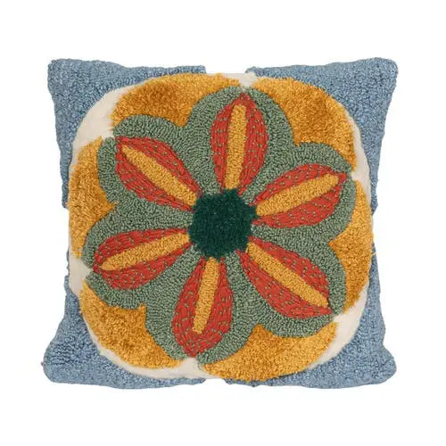 STORIED HOME Indoor/outdoor Fabric Tufted Pillow With Flower - Blue