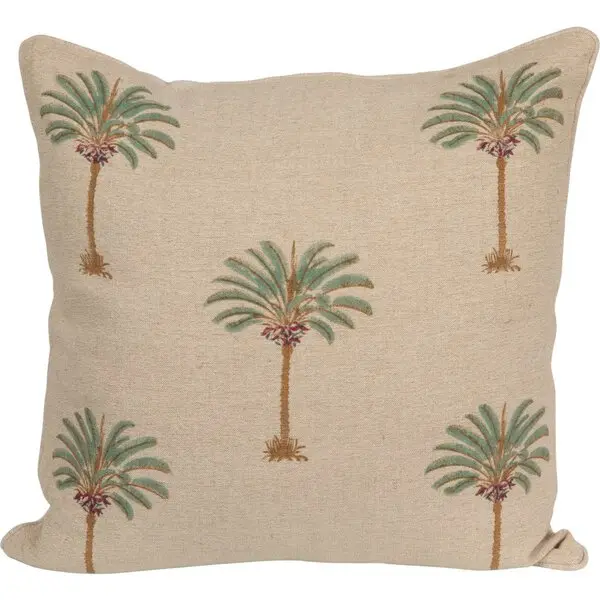 STORIED HOME Cotton Linen Blend Block Printed Pillow With Palm Trees - Natural