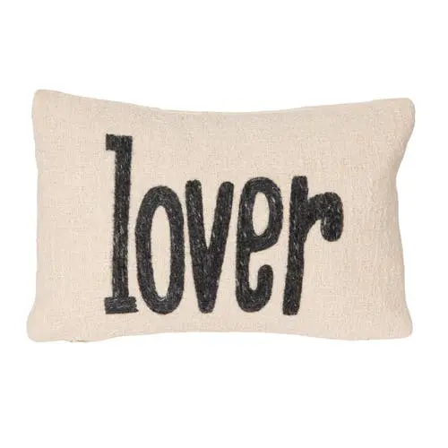 STORIED HOME Woven Cotton Embroidered Lumbar Pillow "lover - White