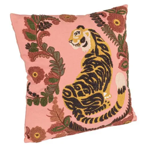 STORIED HOME Embroidered Tiger And Flowers Cotton Slub Pillow - Pink