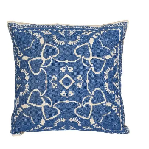 STORIED HOME Cotton Pillow With Embroidered Design And Chambray Back - Blue