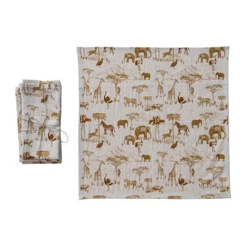 STORIED HOME 4-piece Cotton And Linen Printed Dinner Napkins With Safari Animals Pattern - Natural