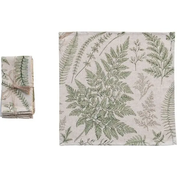 STORIED HOME Cotton Square Napkins With Botanical Print - Green