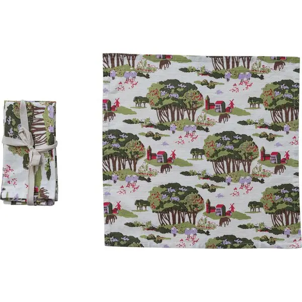 STORIED HOME 4-piece Cotton Printed Napkins With Farm, Trees And Animals - White