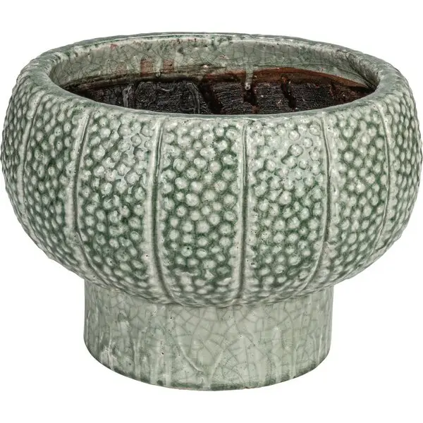 STORIED HOME Embossed Terra-cotta Footed Vase Planter With Dot Pattern And Crackle Glaze - Green
