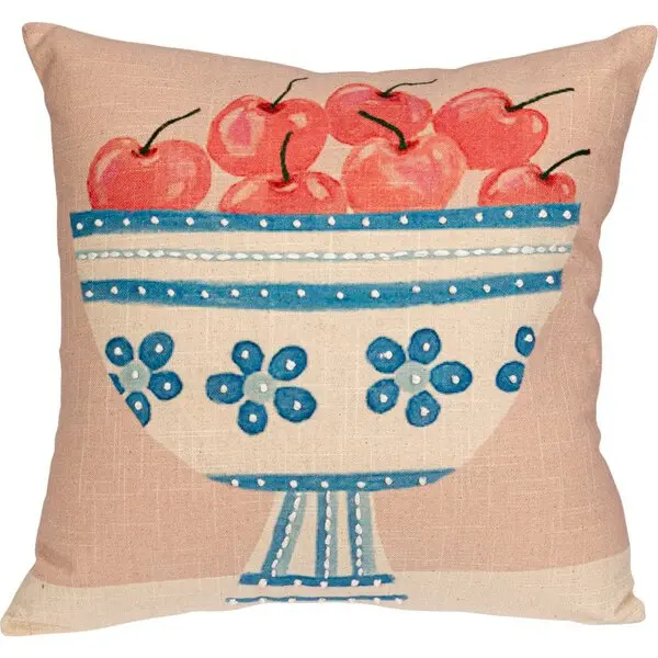 STORIED HOME Cotton Printed Slub Pillow With Fruit Bowl, Embroidery And French Knots - Pink