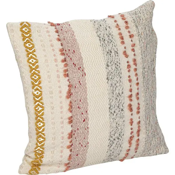 STORIED HOME Woven Cotton Blend Pillow With Stripes And Embroidery - White