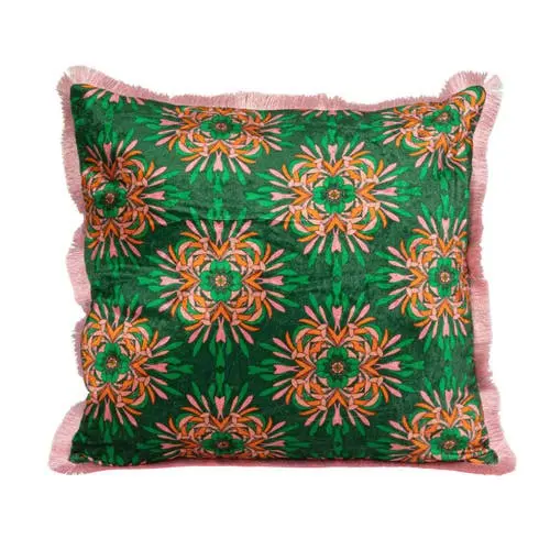 STORIED HOME Cotton Blend Velvet Printed Pillow With Floral Pattern And Eyelash Fringe - Green