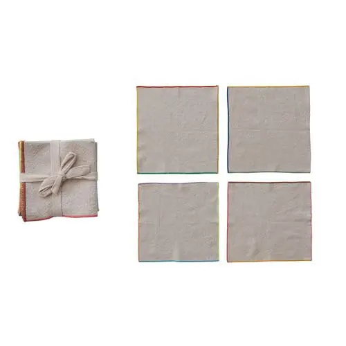 STORIED HOME 4-piece Large Woven Cotton Cocktail Napkins With Stitched Colored Trim - Tan