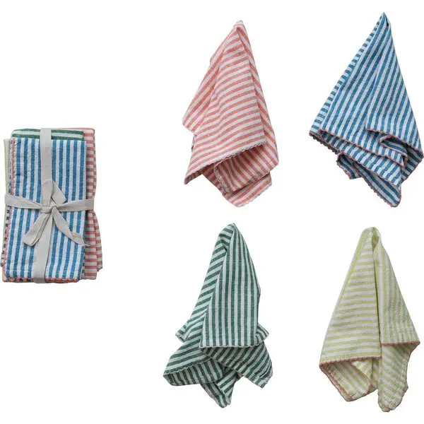 STORIED HOME 4-piece Woven Cotton Striped Napkins With Stitched Colored Trim - Blue