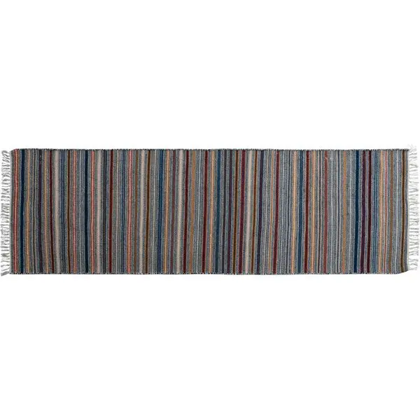 STORIED HOME Woven Wool Floor Runner With Stripes And Fringe - Blue