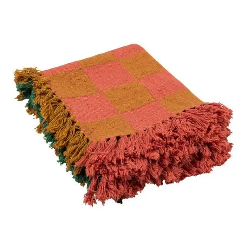 STORIED HOME Woven Cotton Blend Two-tone Checked Throw With Fringe - Orange