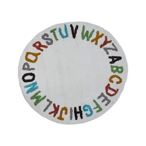 STORIED HOME Round Cotton Tufted Alphabet Rug - White